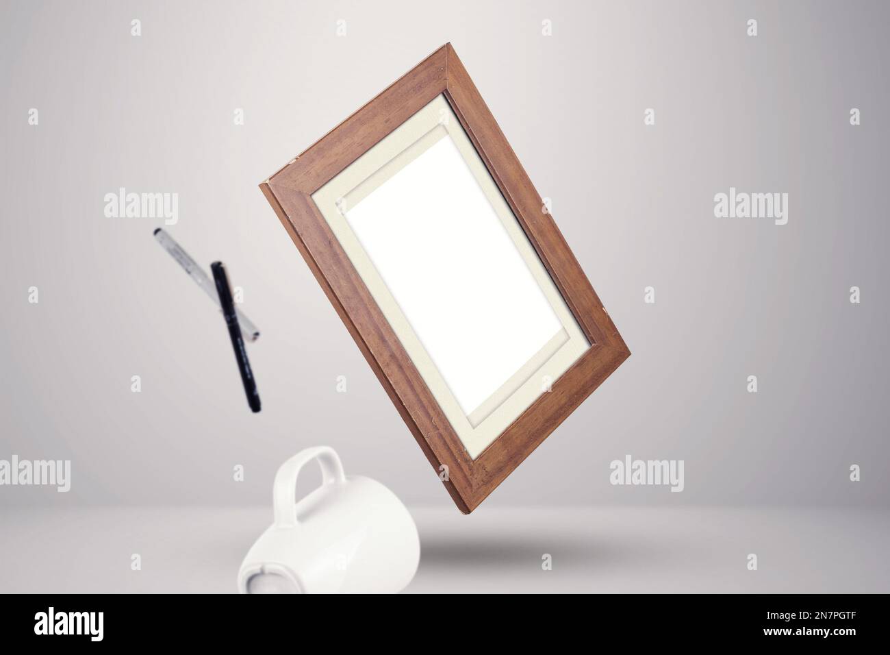 flying frames on the air, with equipments and objects mockup Stock Photo - Alamy