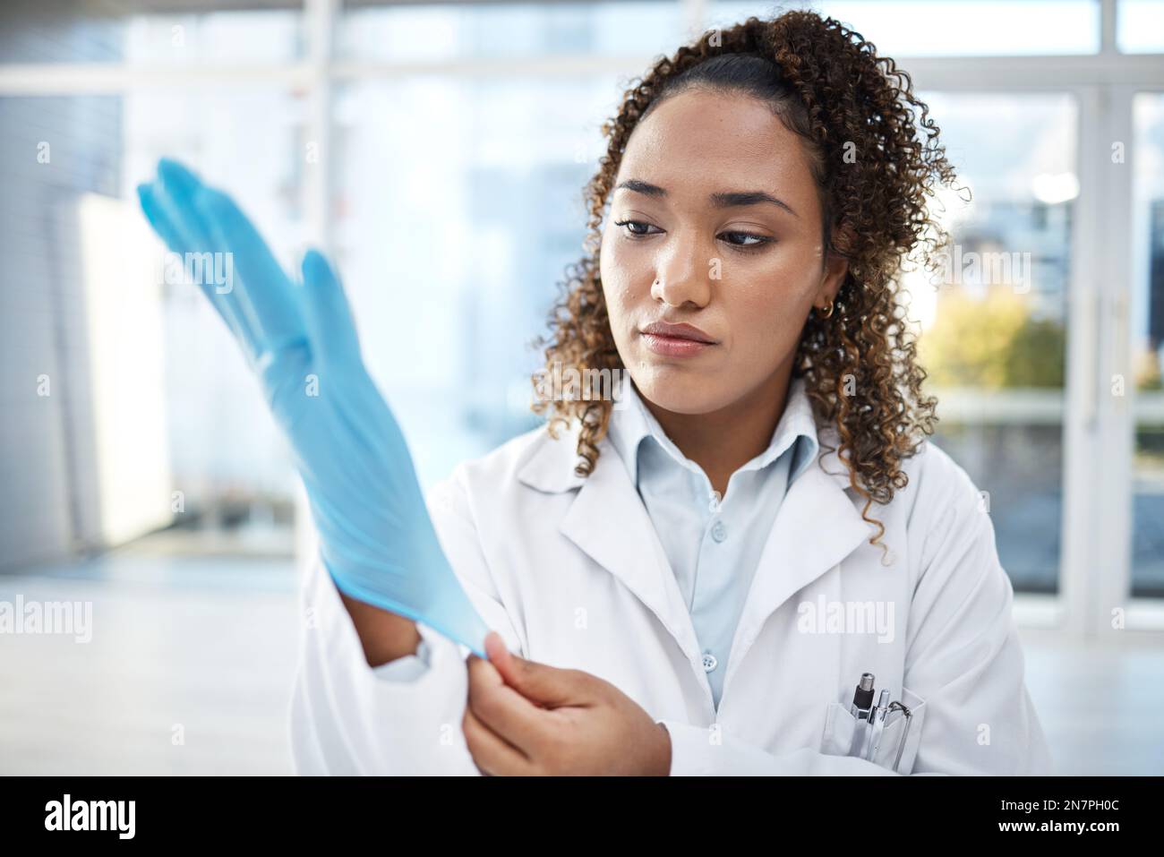 Black woman, science and medical research, gloves and hand, scientific ...