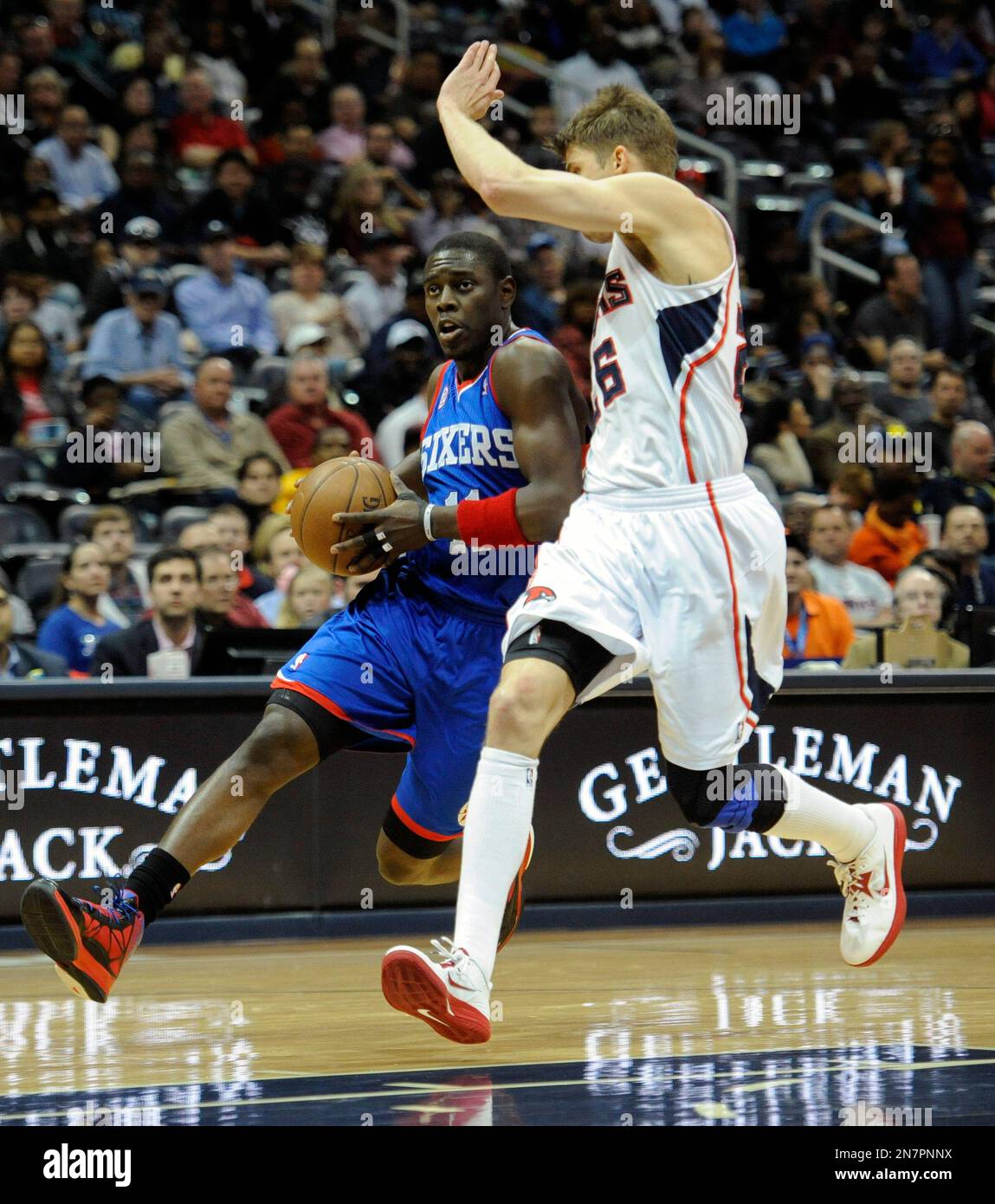 Philadelphia 76ers point guard Jrue Holiday drives on Atlanta Hawks ...