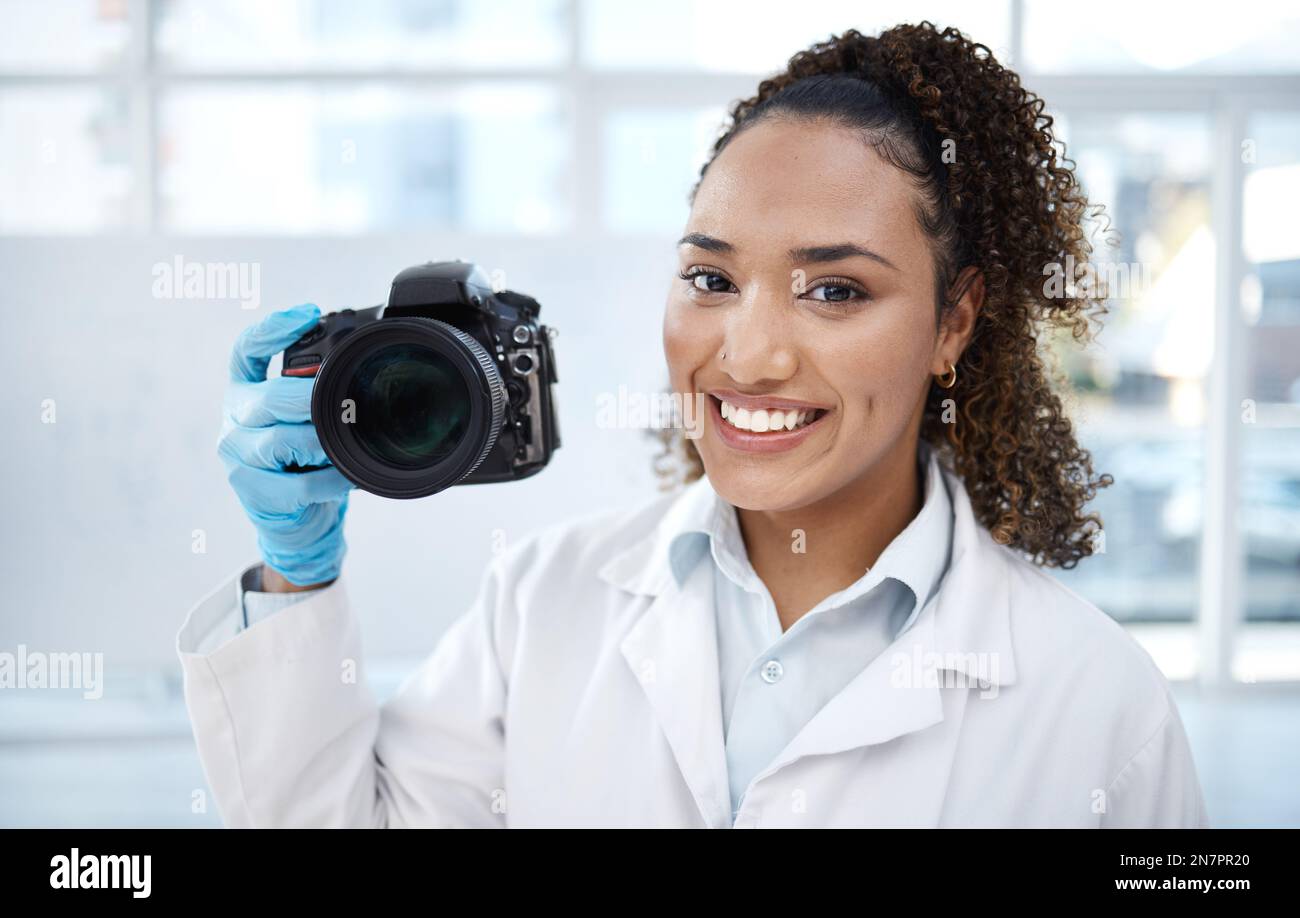 Camera, medical and portrait of black woman in forensics laboratory for ...