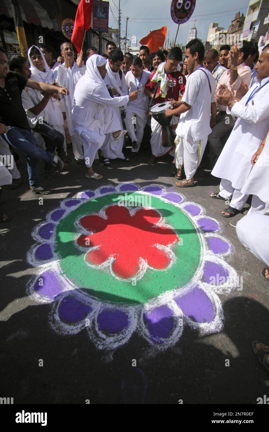 Indian Hindu devotees dance during a chariot festival procession of ...