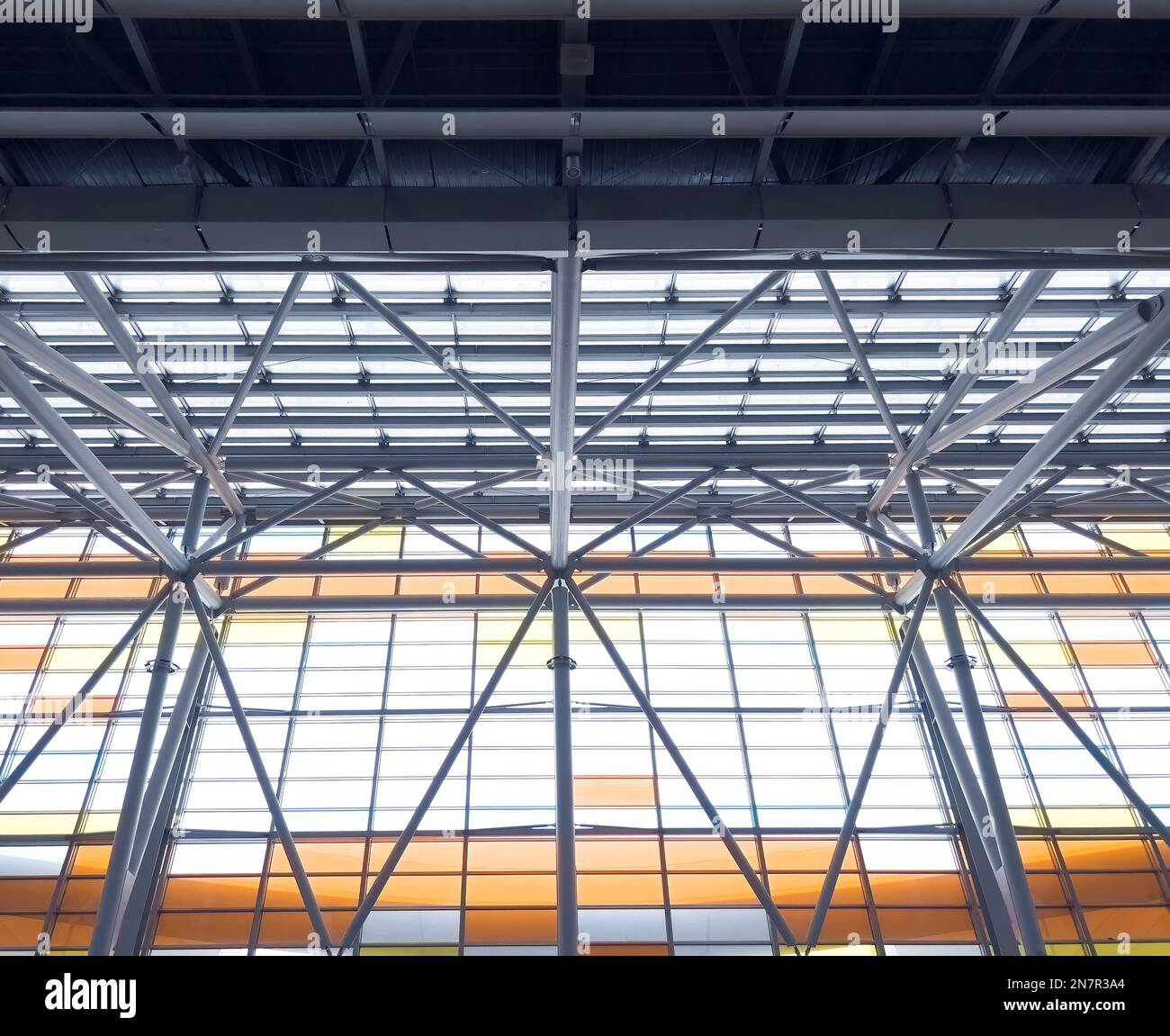 Lights and ventilation system in long line on ceiling of the industrial ...