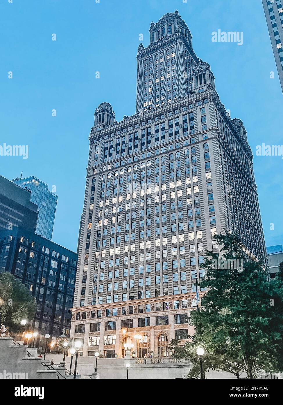 A low angle of Thirty Five E Wacker building in Chicago, Illinois in ...