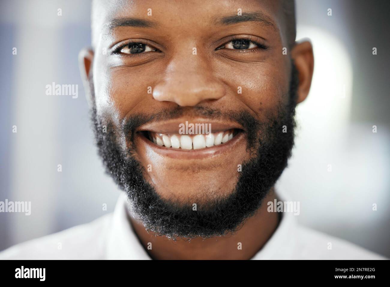 Portrait of black man smile for teeth whitening results, dental medical insurance and healthcare ...