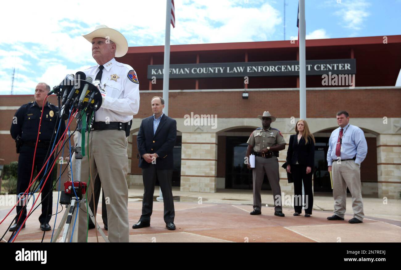 Kaufman County Sheriff David Byrnes, second from left, speaks at a news ...