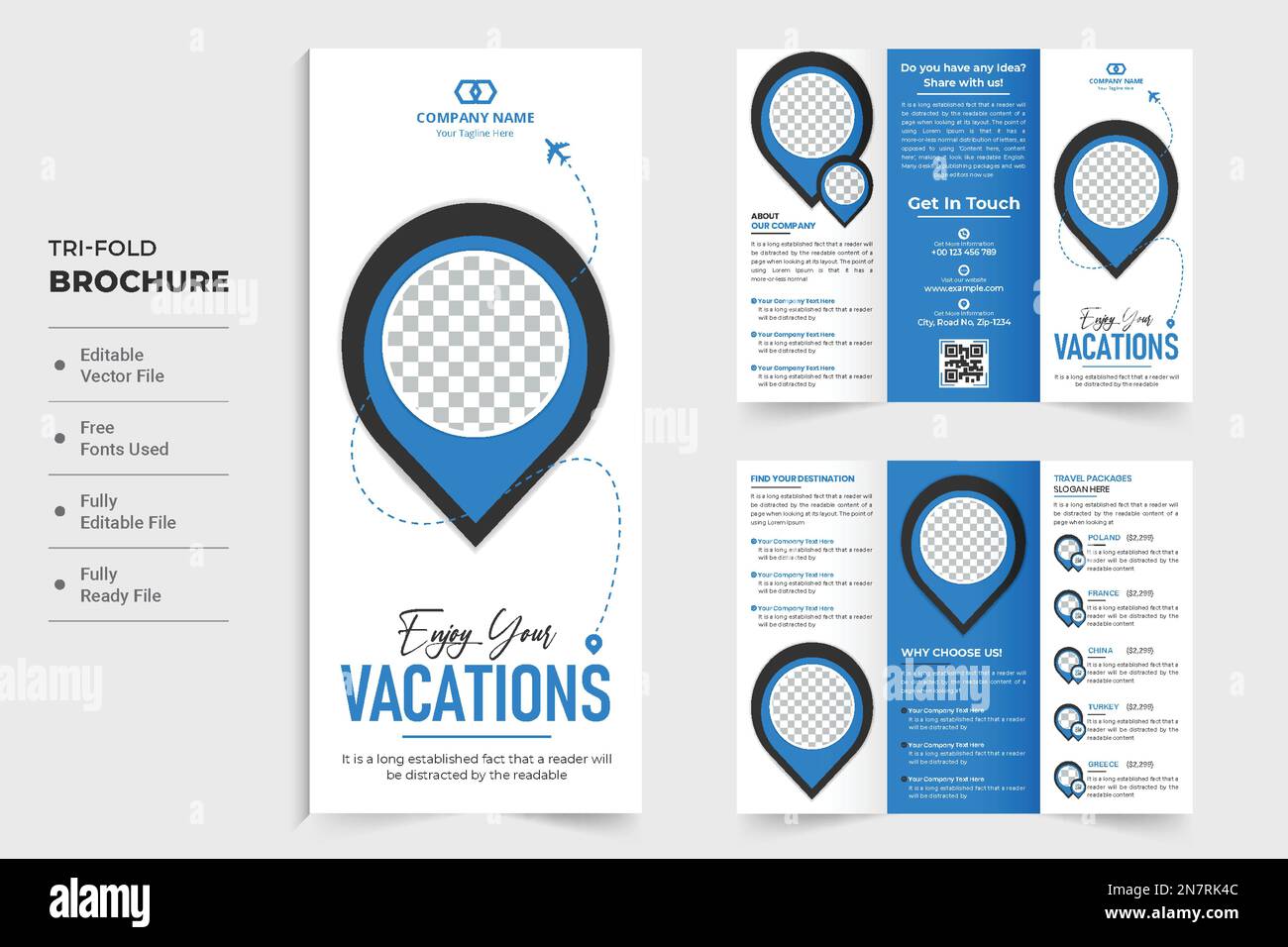 Tour and travel tri fold brochure template with blue and dark colors ...
