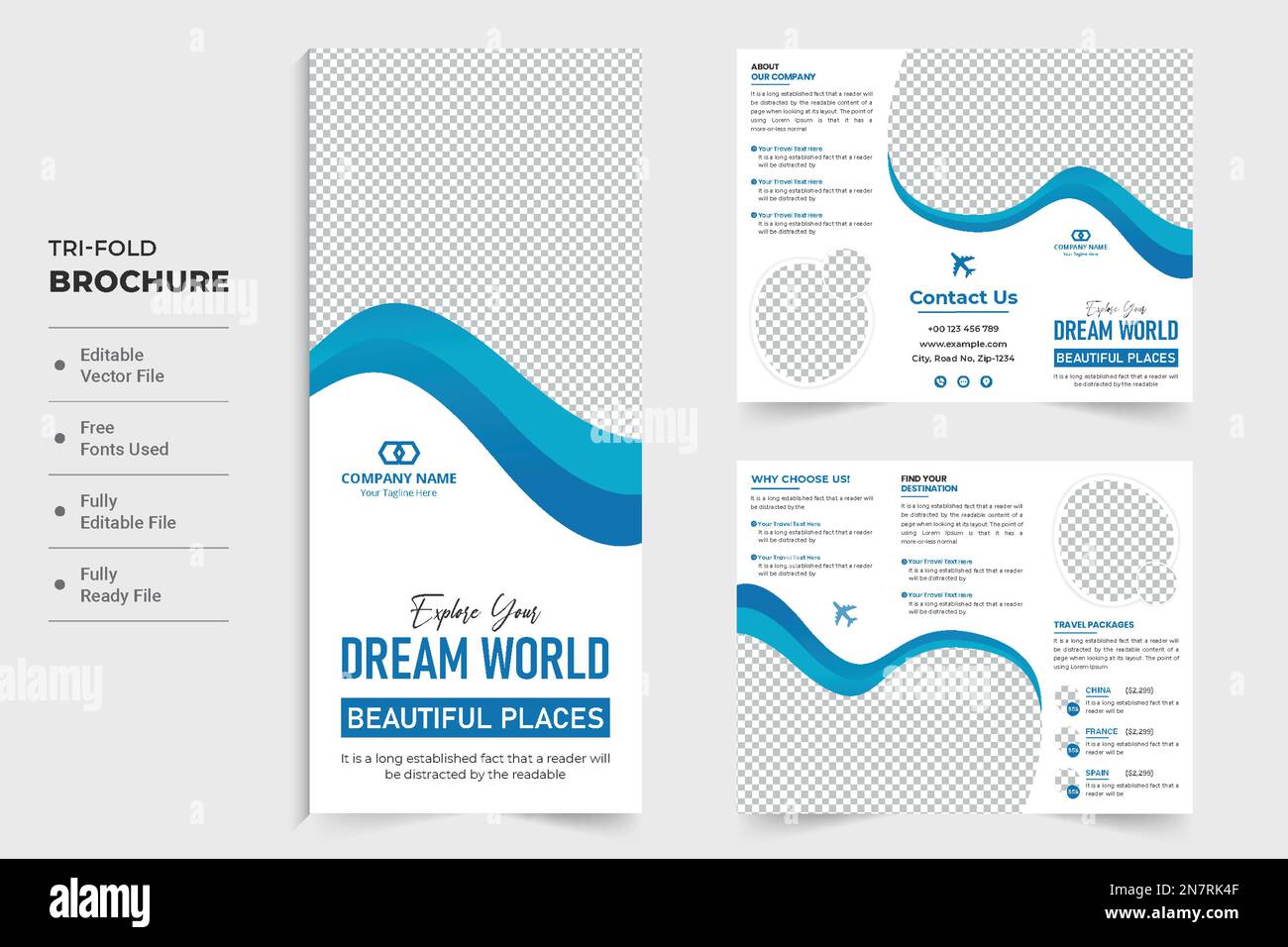 Travel agency promotional tri fold brochure vector with abstract shapes ...