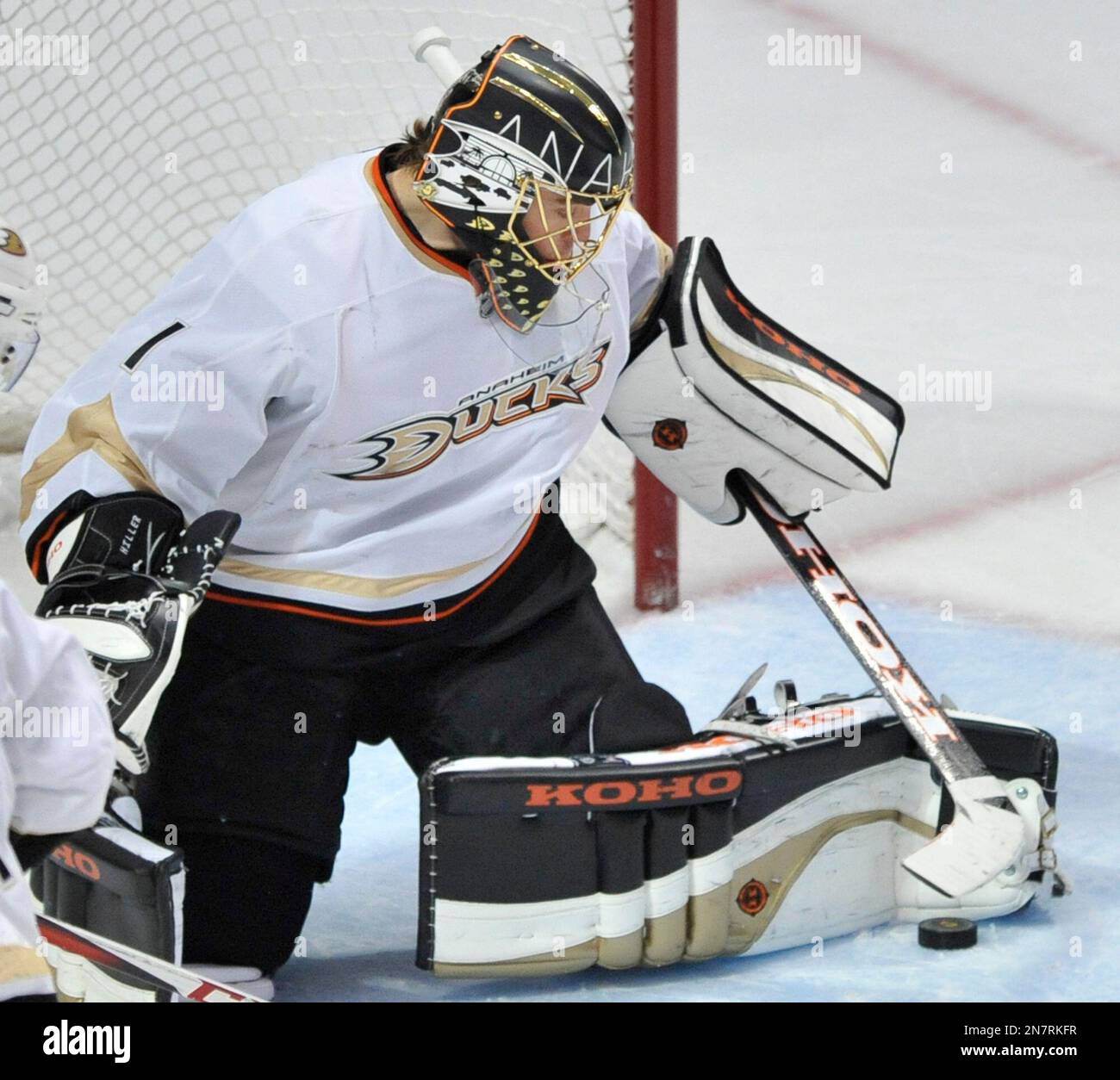 Anaheim Ducks goalie Jonas Hiller, of Switzerland, makes a save against ...