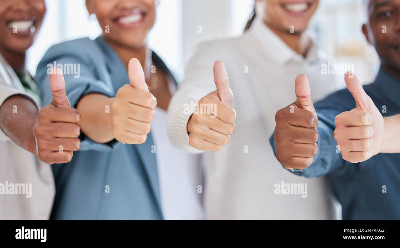 Thumbs up, success and support with hands of business people for yes ...