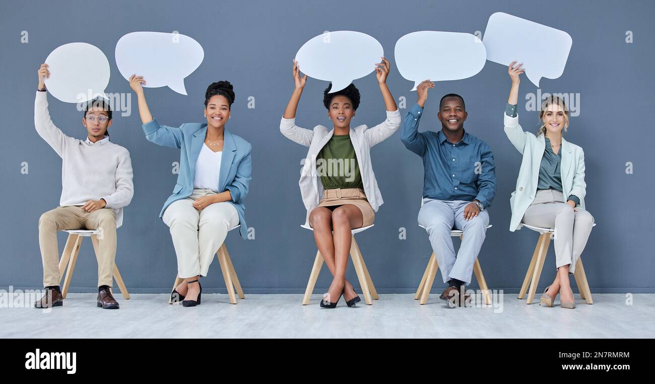 Speech bubble, mockup and feedback communication with business people ...