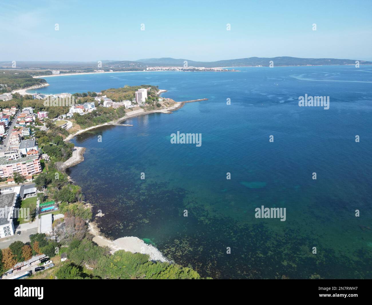 An aerial shot of the coastal town of Primorsko with resort buildings ...