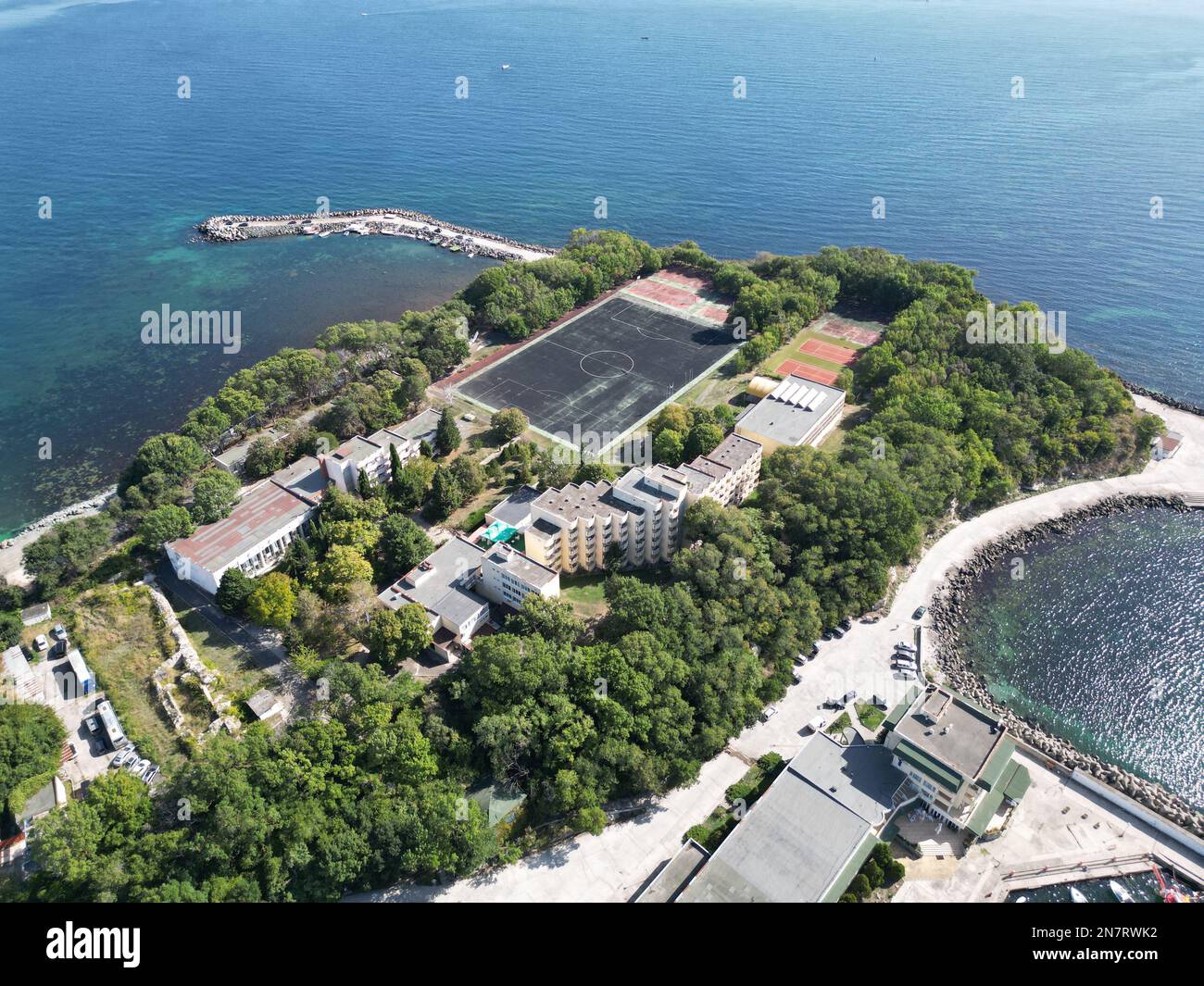 An aerial shot of the coastal town of Primorsko with waterfront ...