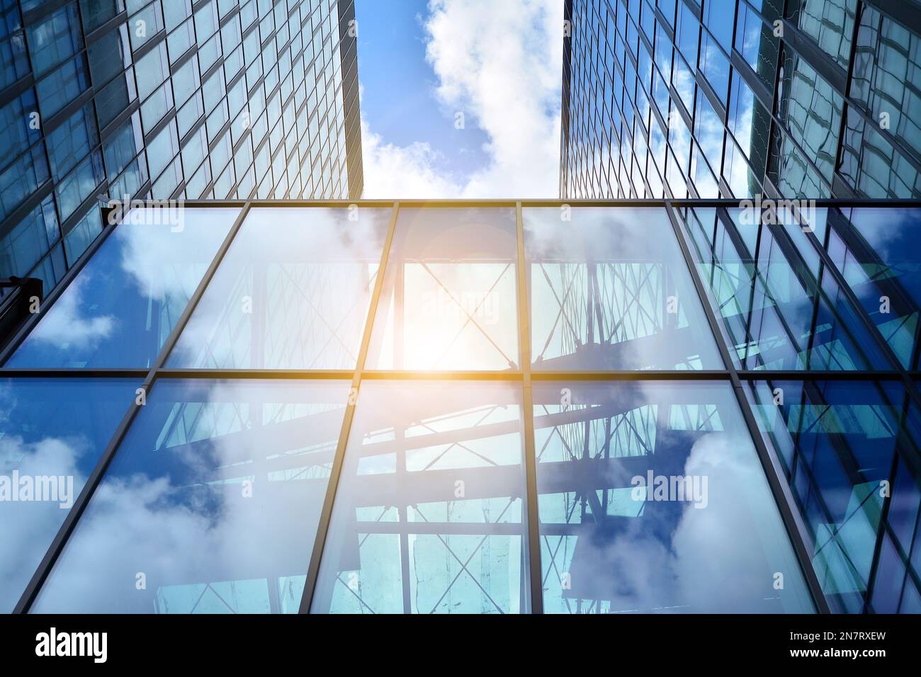 Looking up at the commercial buildings in downtown. Modern office ...