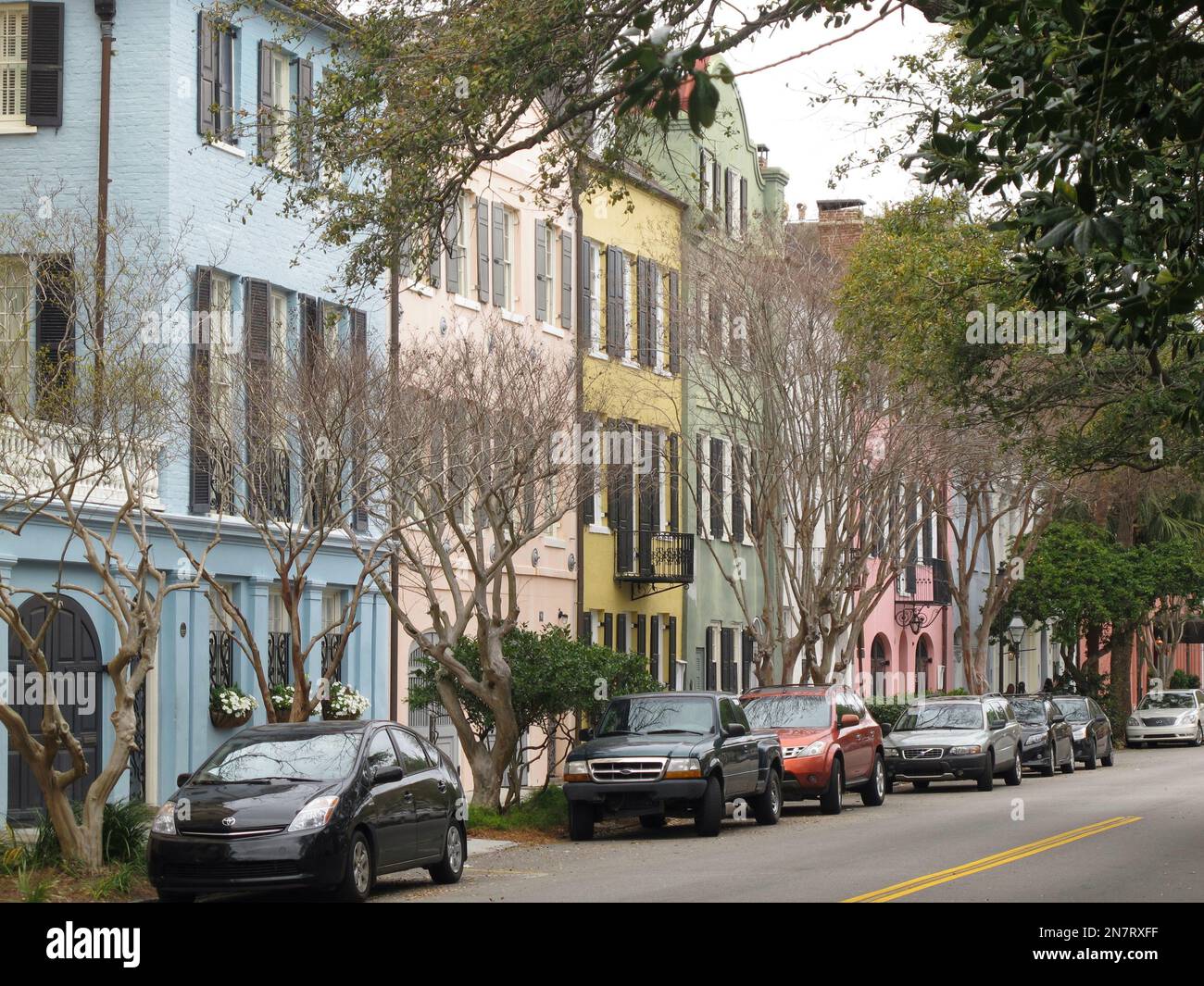 One of the most iconic vistas in Charleston, S.C., Rainbow Row, is seen ...