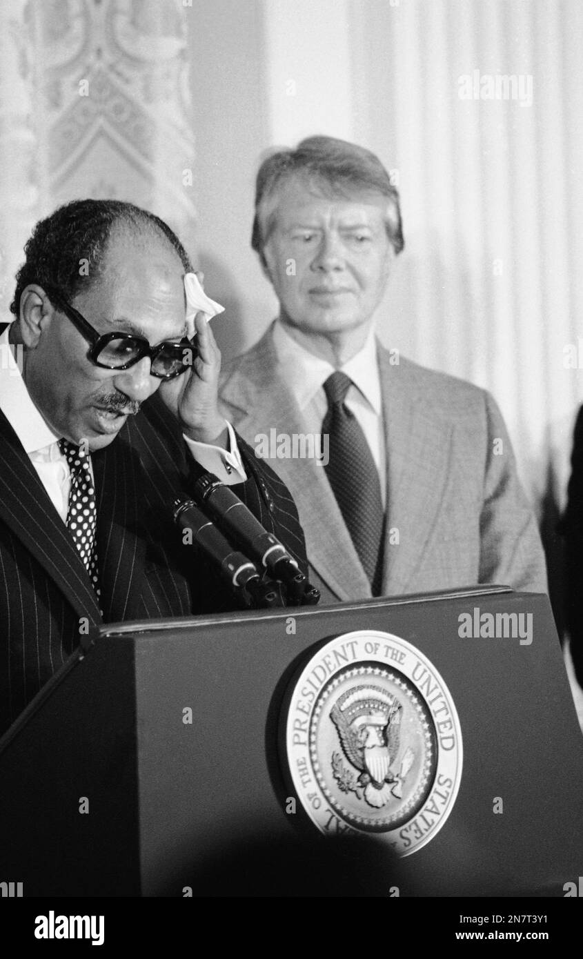 Egypitan President Anwar Sadat wipes his brow during remarks at White ...