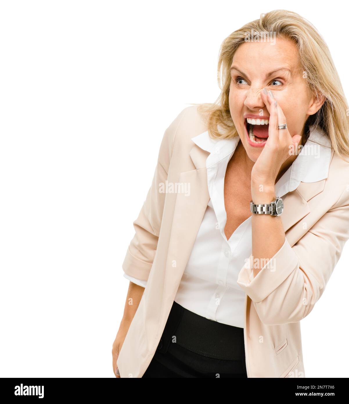Getting your head bitten off. a mature businesswoman shouting against a ...