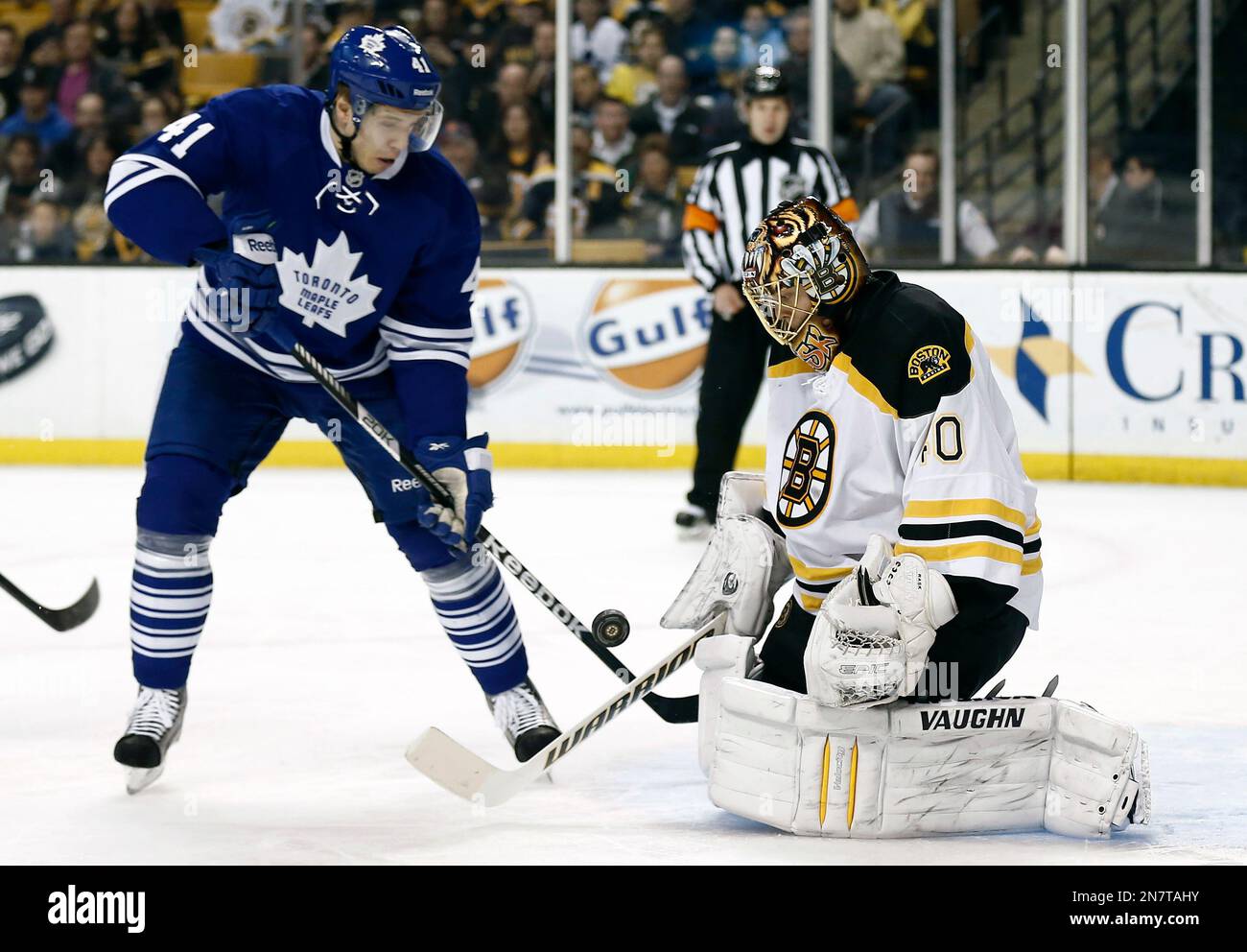Toronto Maple Leafs' Nikolai Kulemin looks for a rebound in front of ...