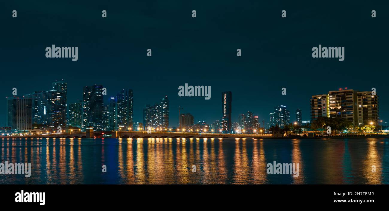 Miami night. Panoramic view of Miami skyline and coastline Stock Photo ...