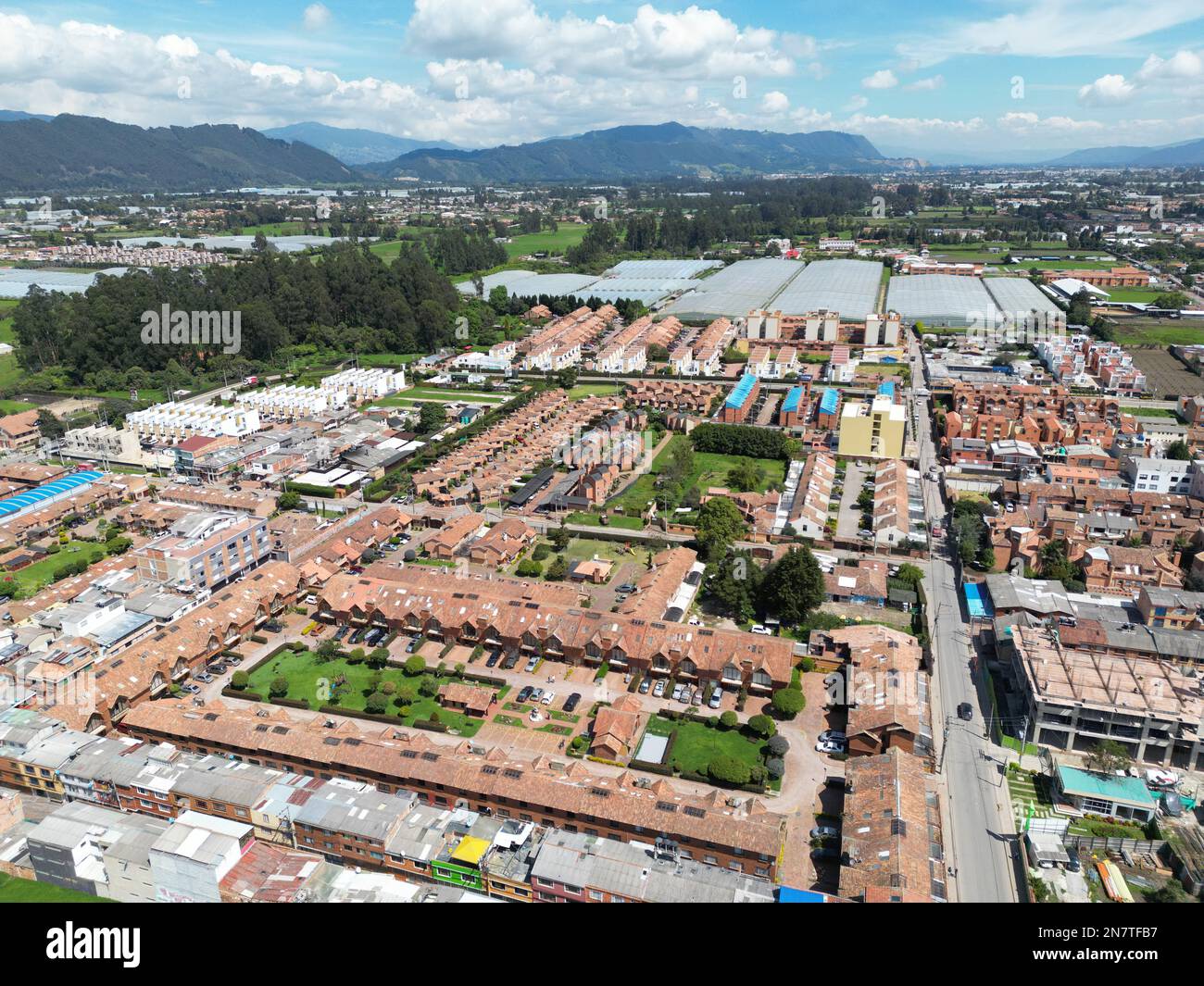 An aerial shot of the urban town of Chia in Cundinamarca, Colombia ...