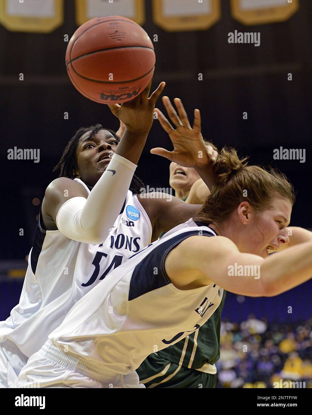 Penn State's Nikki Greene (54) and Maggie Lucas, right, go after a ...