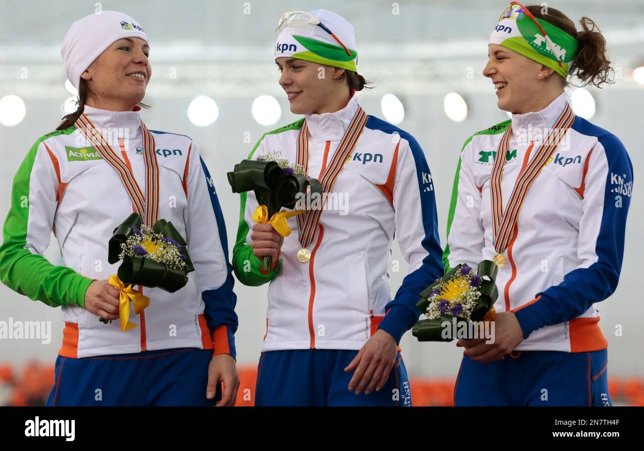 The winning team of the Netherlands celebrate on the podium after the ...
