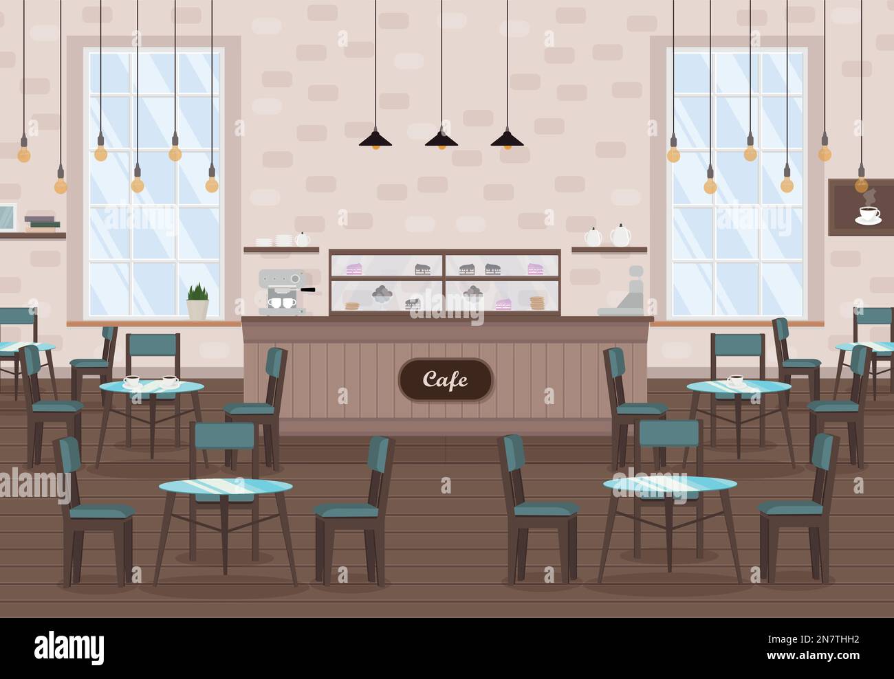 a cafe interior with tables, coffee machine, window and bar counter ...