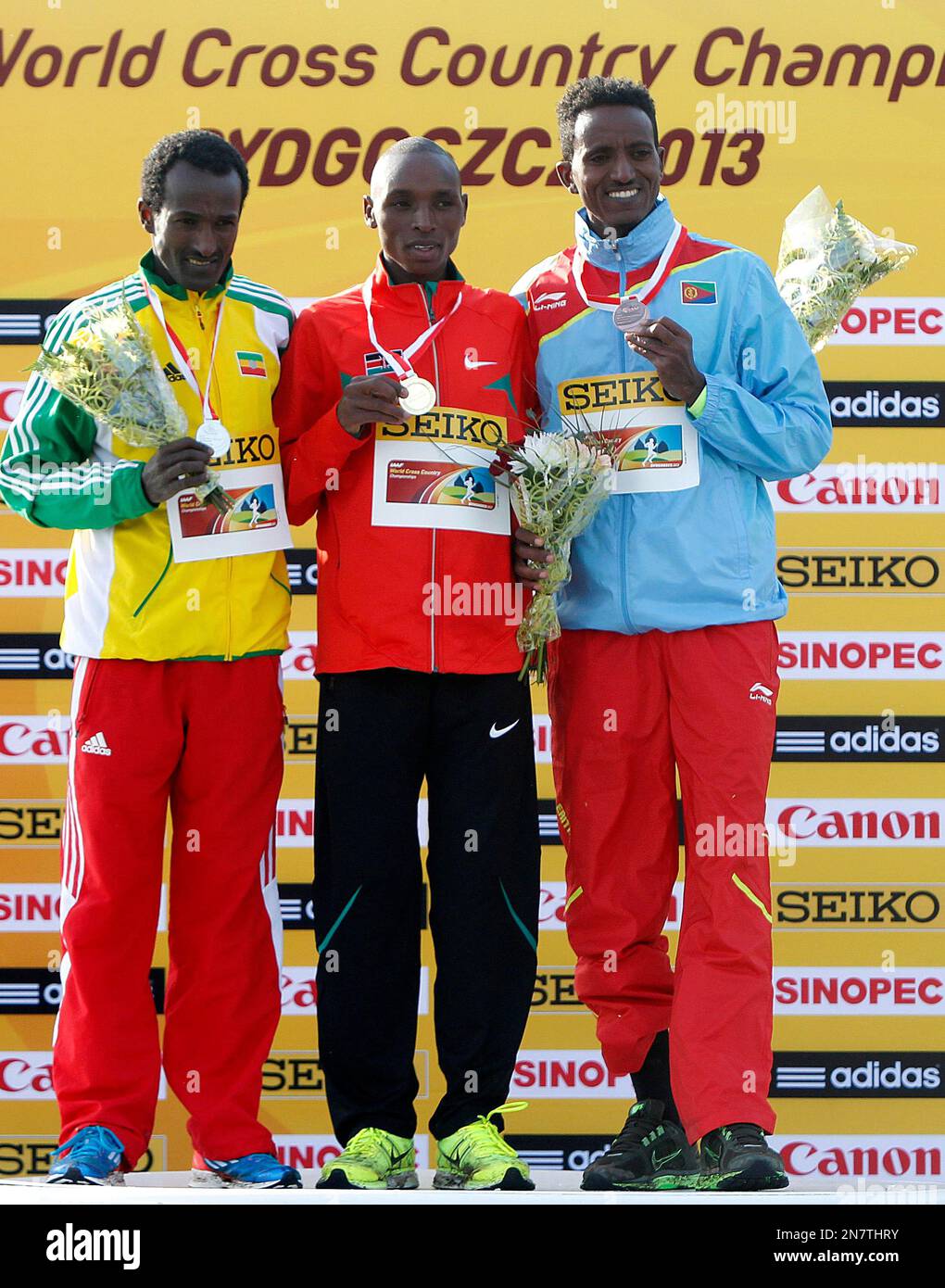 Ethiopia's Imane Merga, left, silver medal, Kenya's Japhet Kipyegon ...