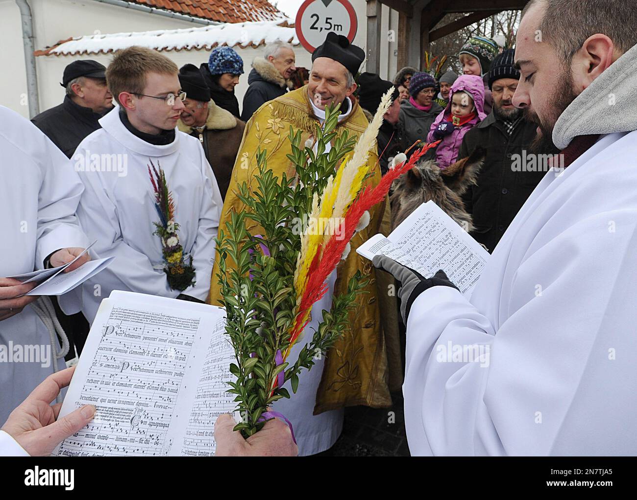 Priests singing psalms walk in a Palm Sunday procession in Warsaw ...