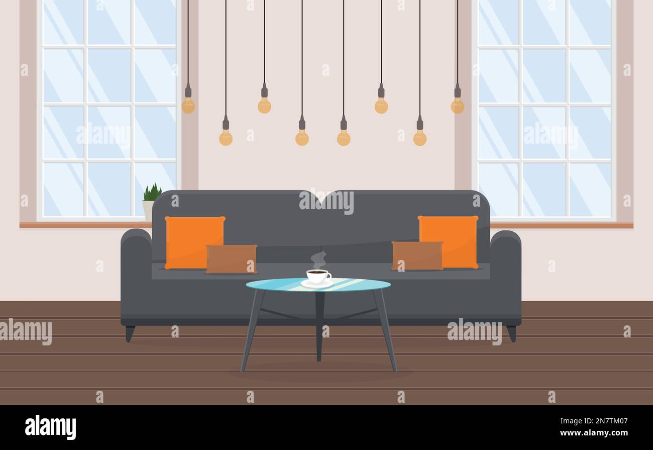 a gray soft sofa in a loft-style apartment minimalism interior with ...