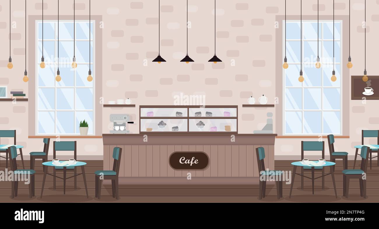 a cafe interior with tables, coffee machine, window and bar counter ...