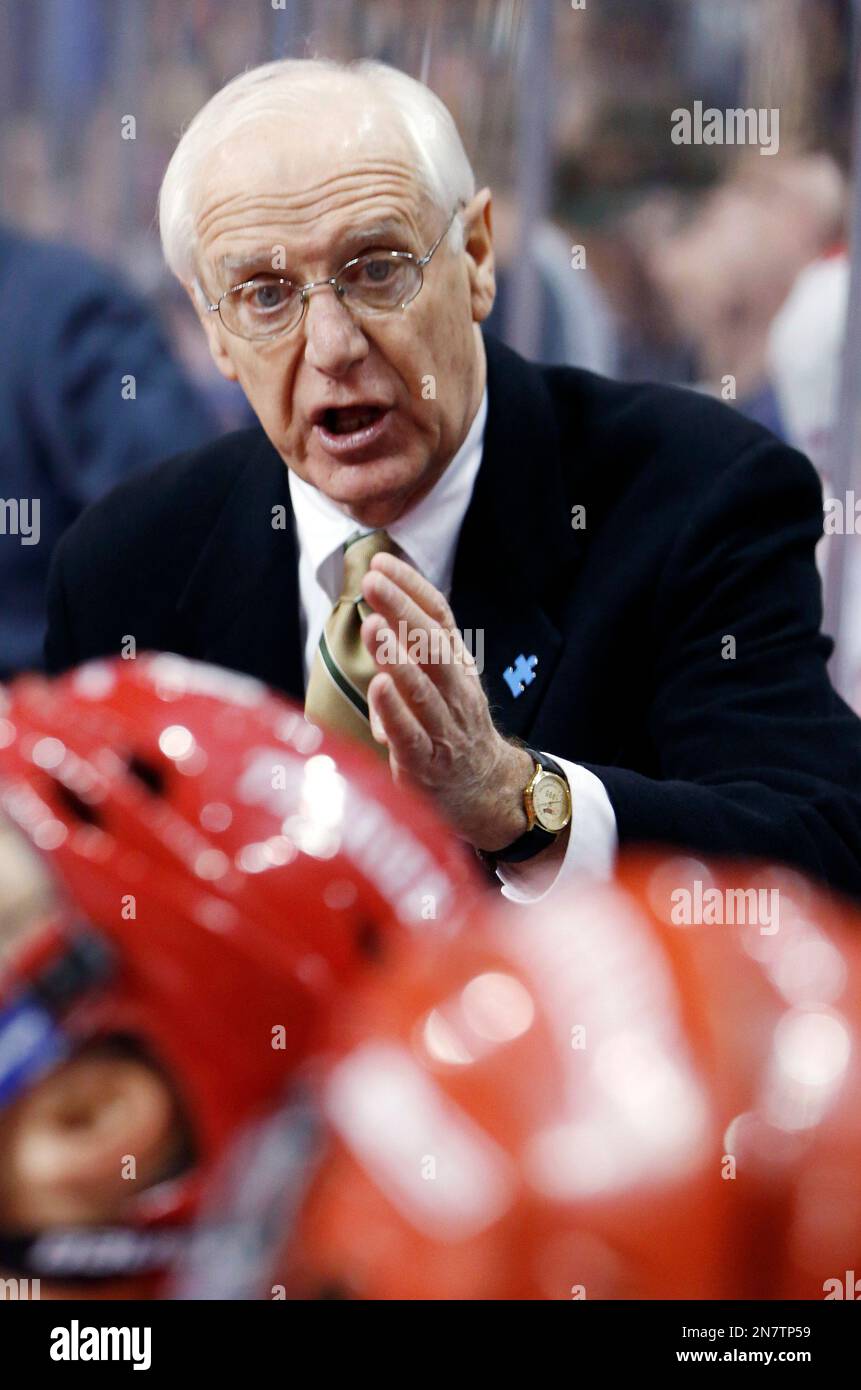 Boston head coach Jack Parker talks to his team during the second ...