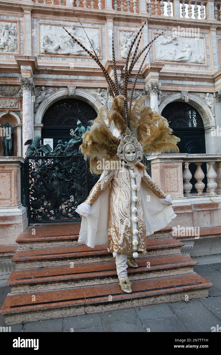 Venice, Italy. 11th February 2023. Revellers wearing traditional ...