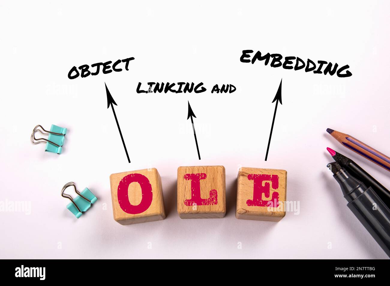 OLE Object Linking and Embedding. Wooden blocks on a white office table ...