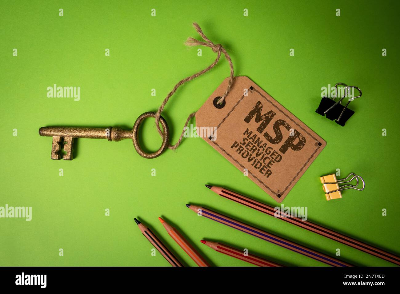 MSP, Managed Service Provider. Key with price tag on green background ...