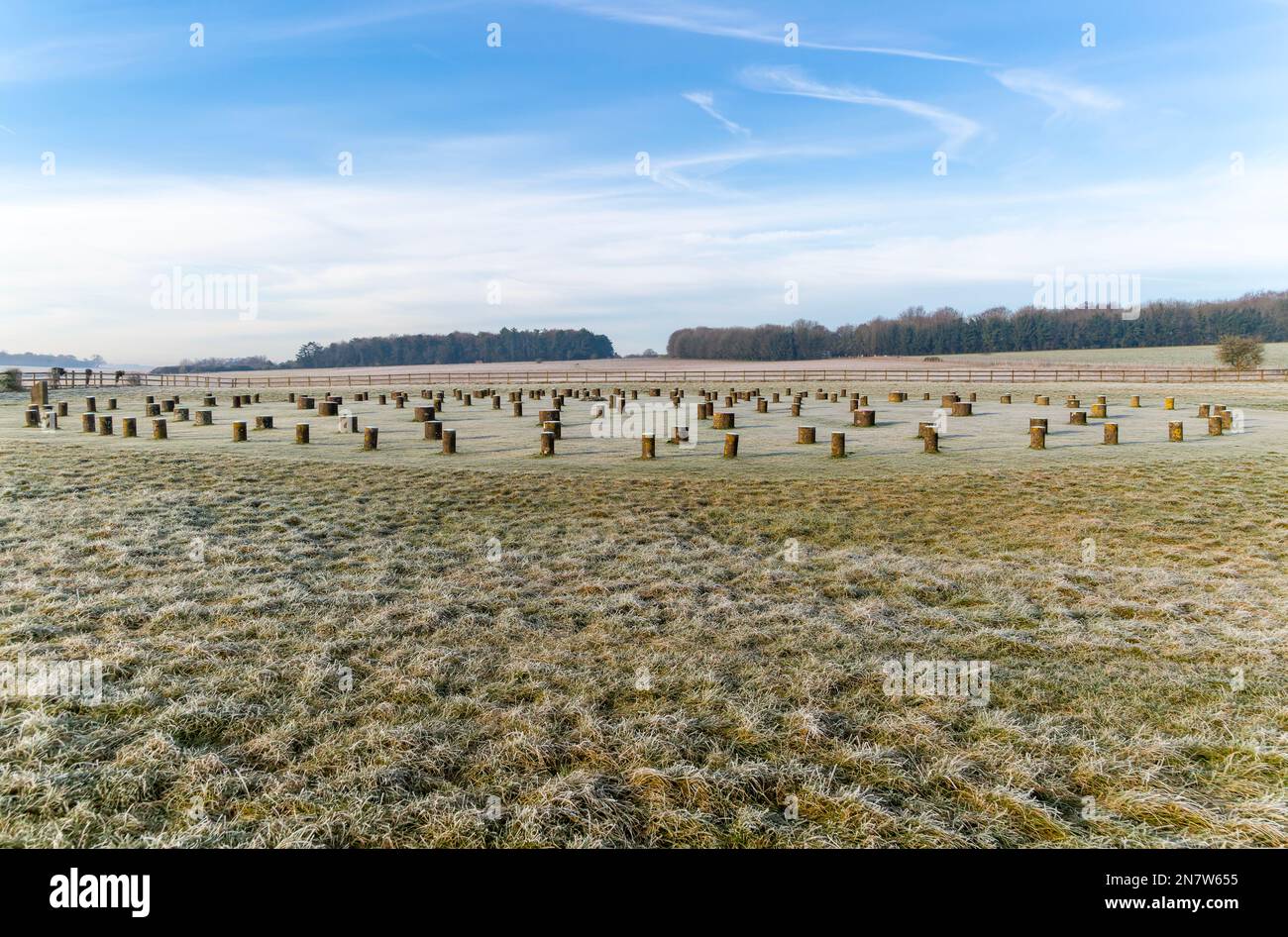 Frosty cold weather posts of Neolithic henge site, Woodhenge, Wiltshire ...