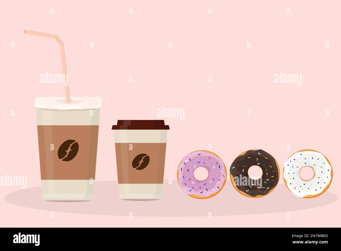 a latte coffee in a paper cup and donuts with different fillings Stock ...