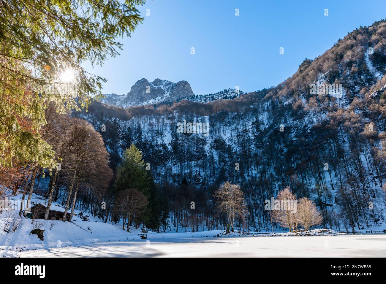 Lake Bethmale and Mount Valier in the background, Ariege, Occitanie ...