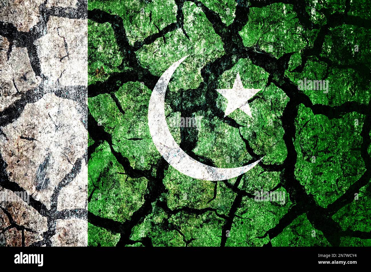 Earthquake in Pakistan. Flag of Pakistan on cracked ground. Cracked ...