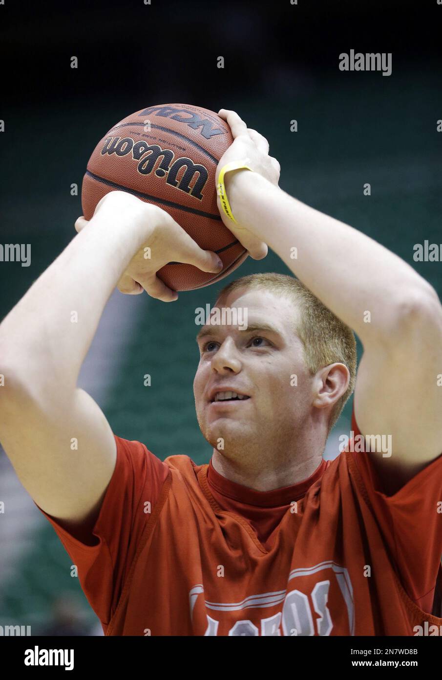 New Mexico's Alex Kirk shoots during practice for a second-round game ...