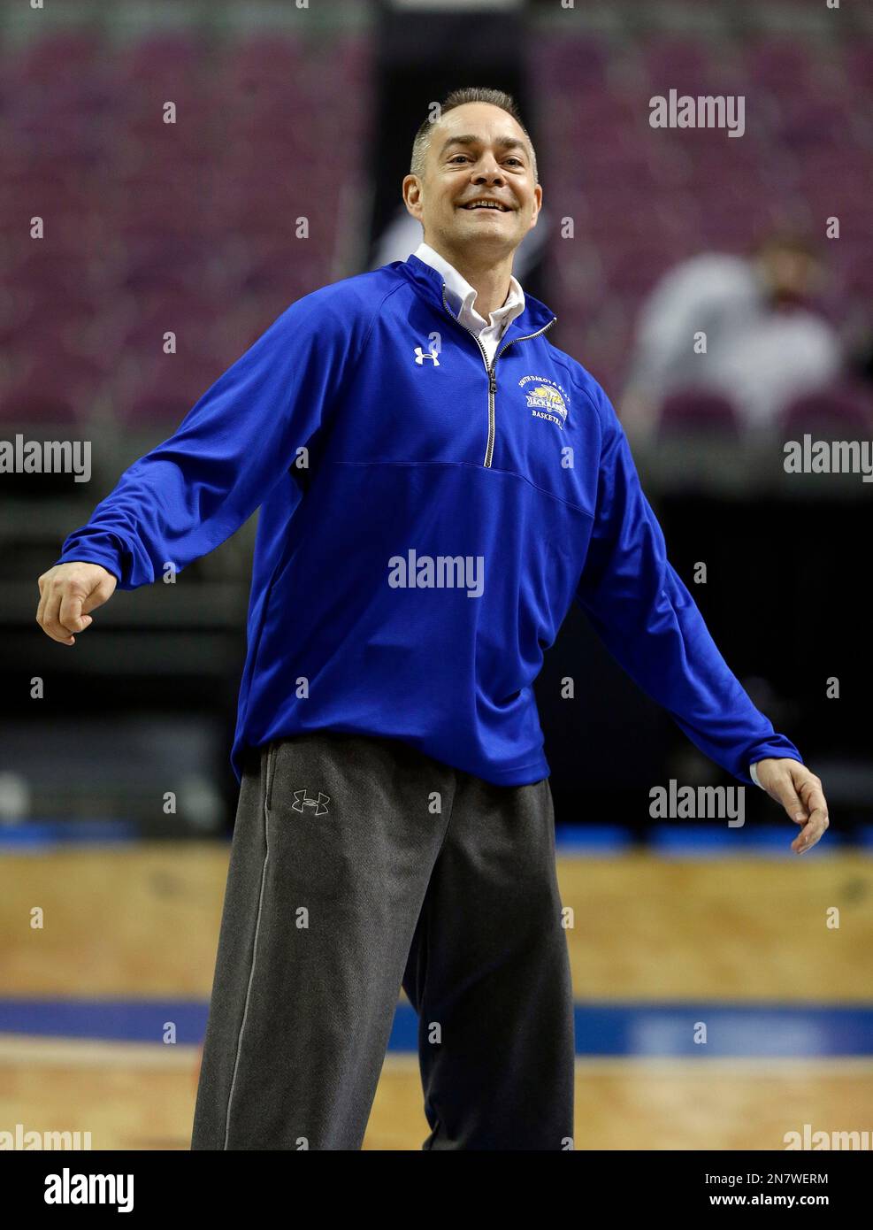 South Dakota State head coach Scott Nagy reacts to missing a half court ...