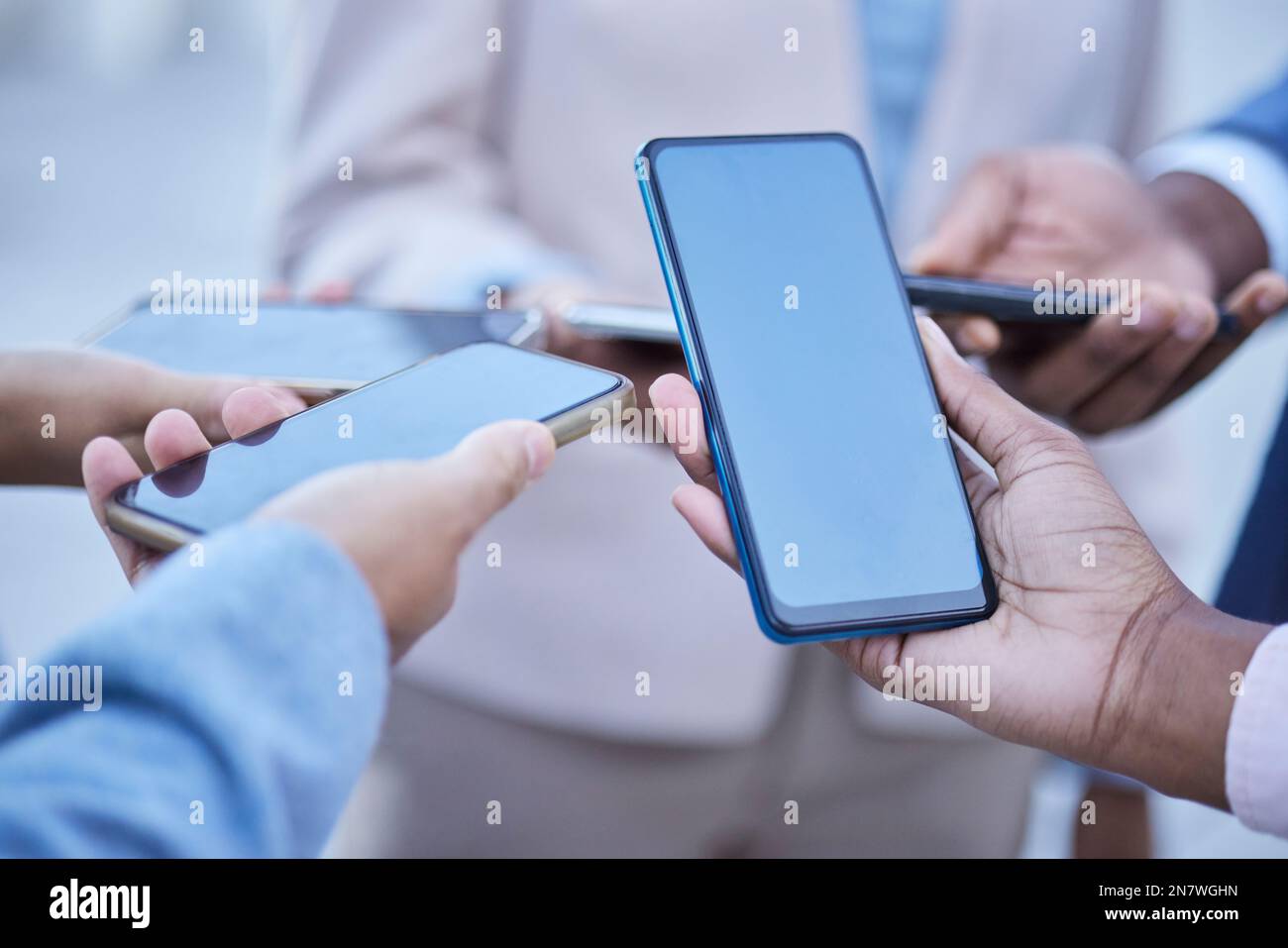 People, hands and phone in social networking with screen mockup for ...