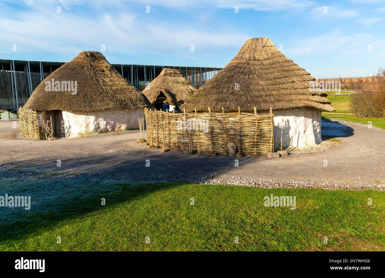 Reconstruction of Neolithic round houses buildings, Stonehenge ...