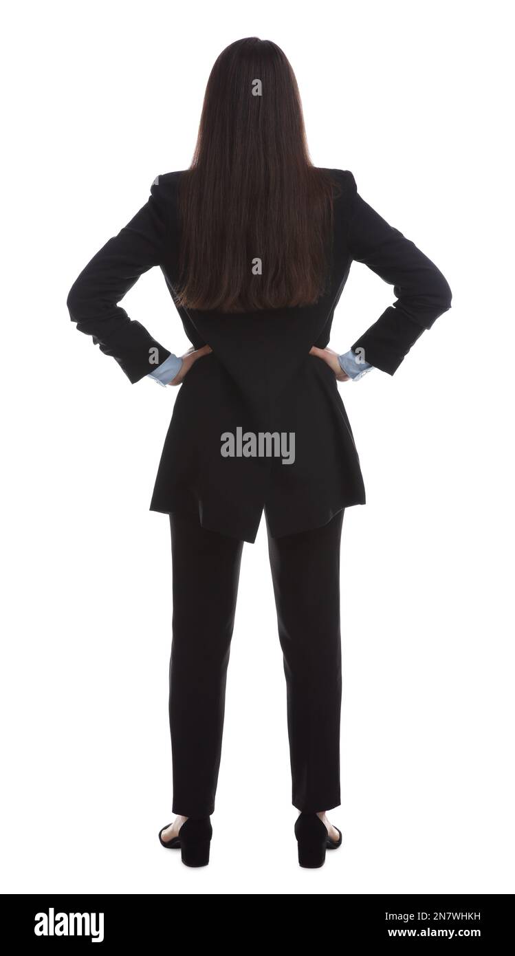 Young businesswoman in elegant suit on white background, back view ...