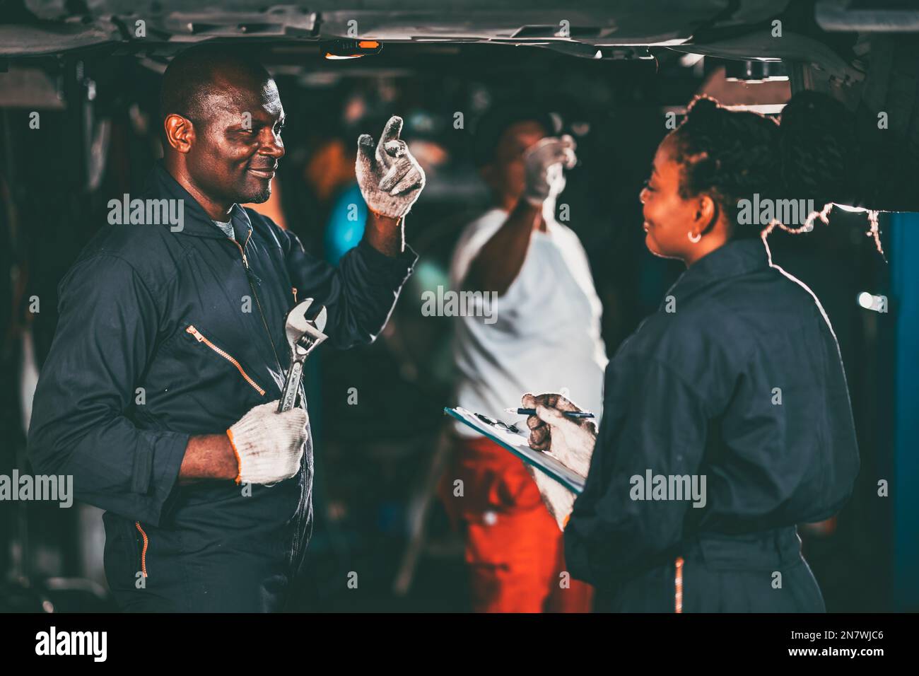 garage mechanic team working car auto service black african people ...