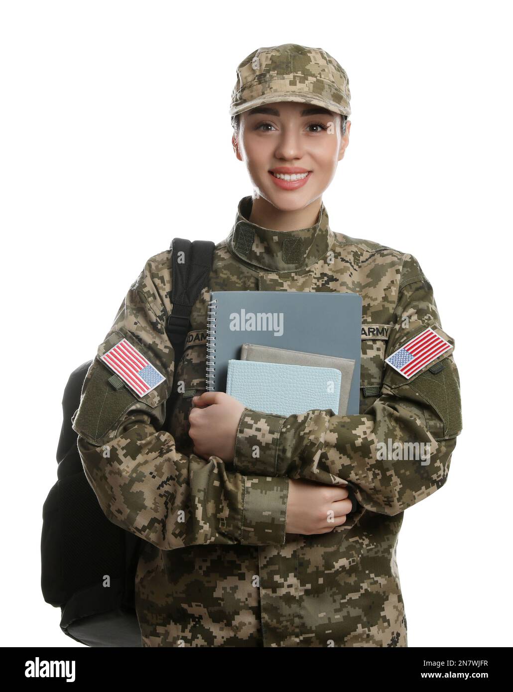 Female soldier with notebooks and backpack on white background ...