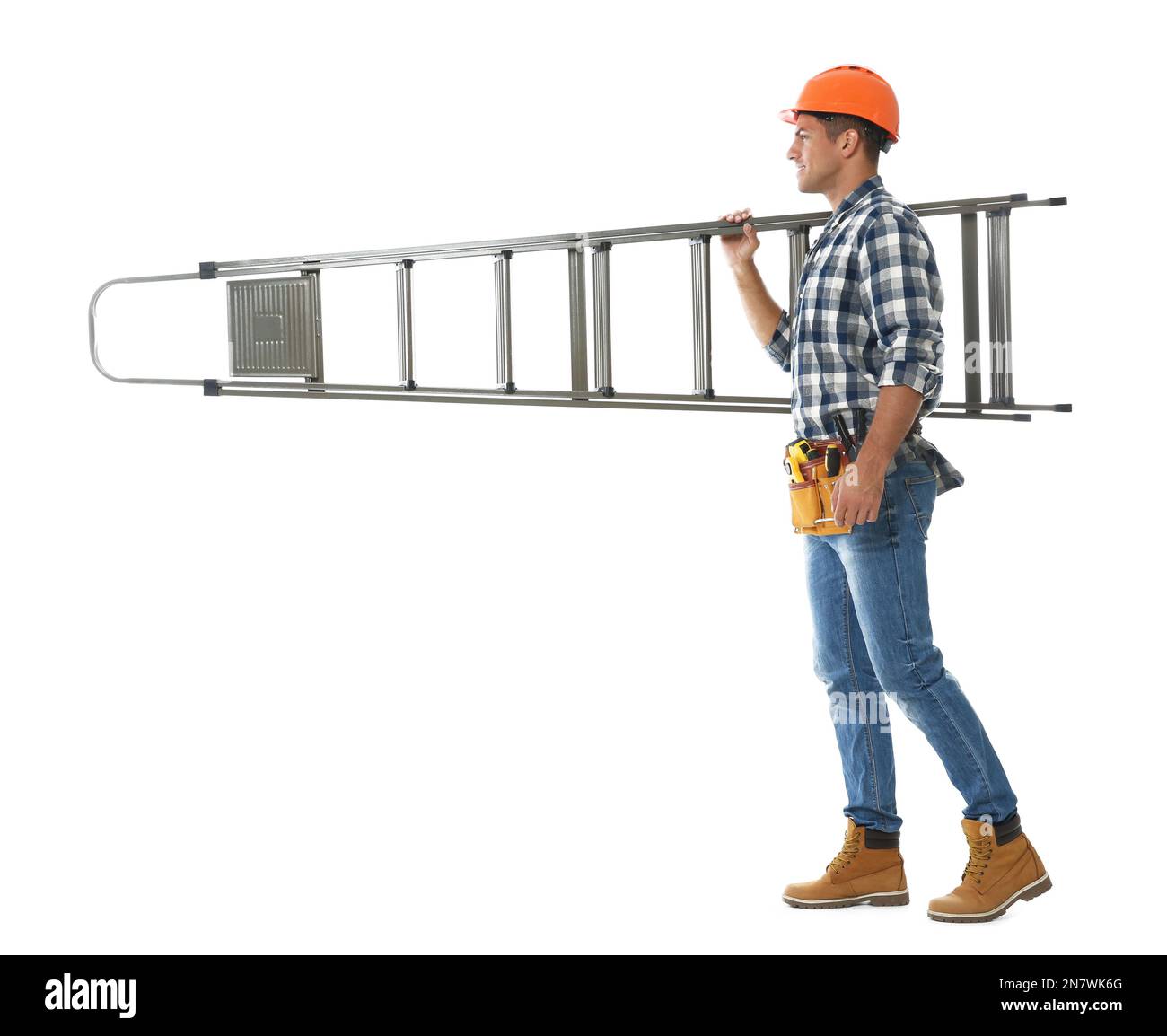 Professional builder carrying metal ladder on white background Stock ...