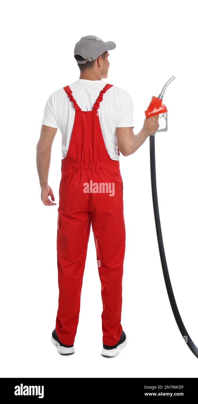 Gas station worker with fuel nozzle on white background, back view ...