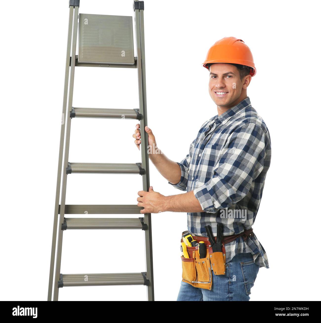 Professional builder with metal ladder on white background Stock Photo ...