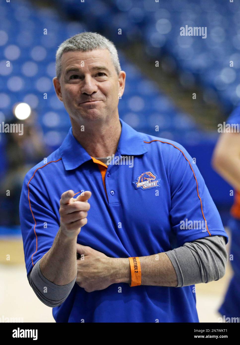 Boise State head coach Leon Rice talks during practice for a first ...
