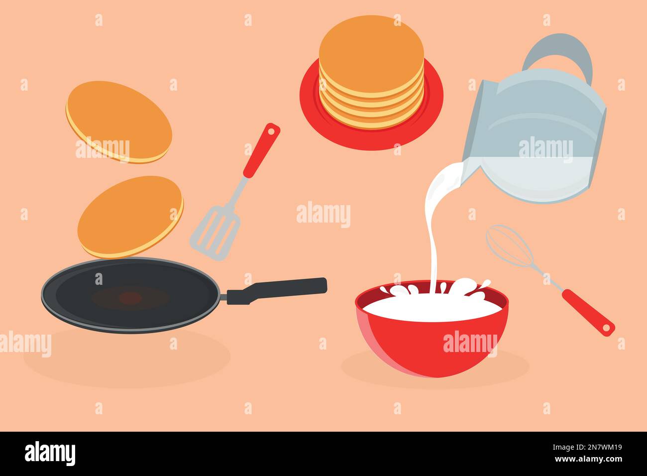 a pancake making set milk frying pan spatula whisk plate vector ...